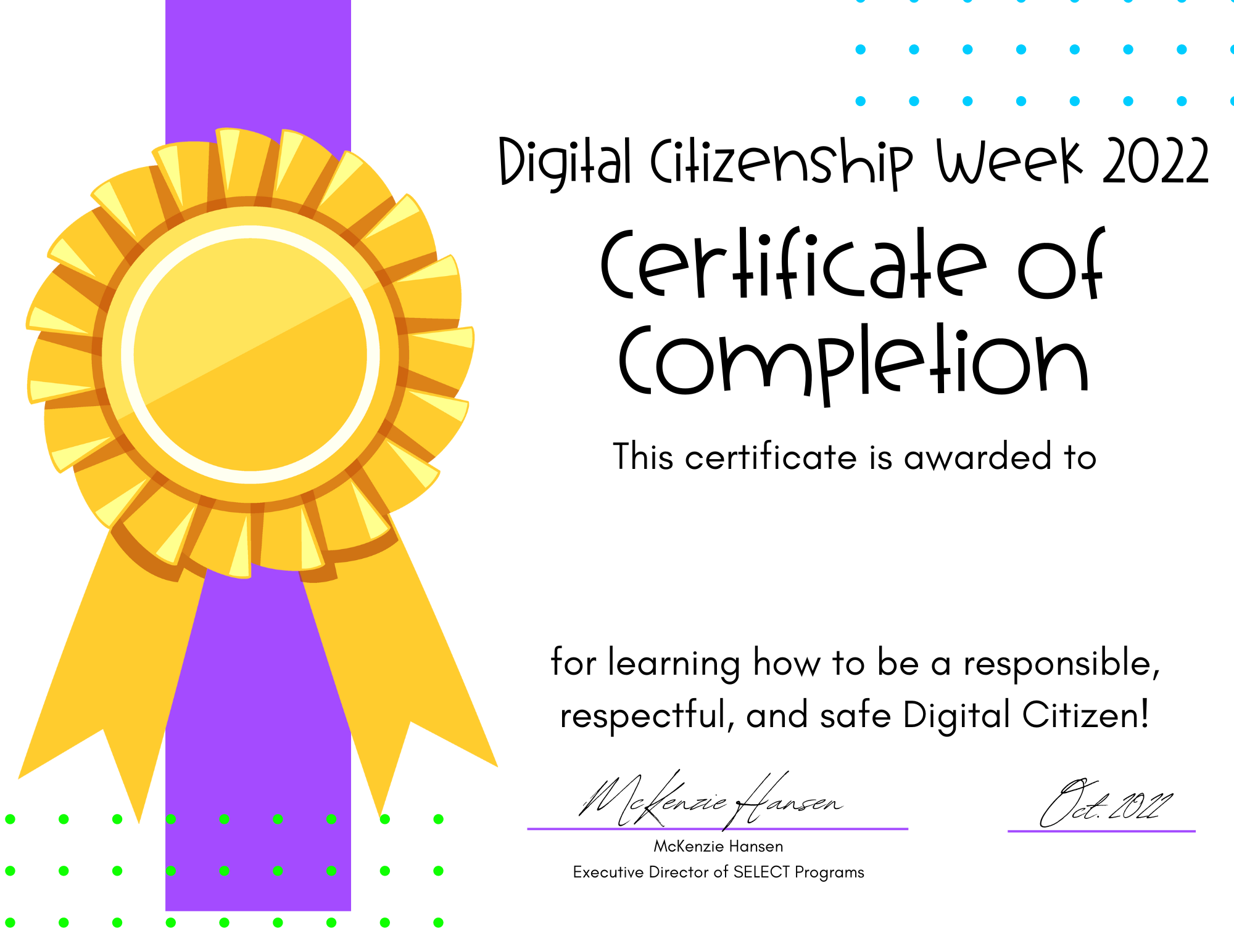 Digital Citizenship Week 2022 (Friday): Certificate - SELECT Programs, Inc.