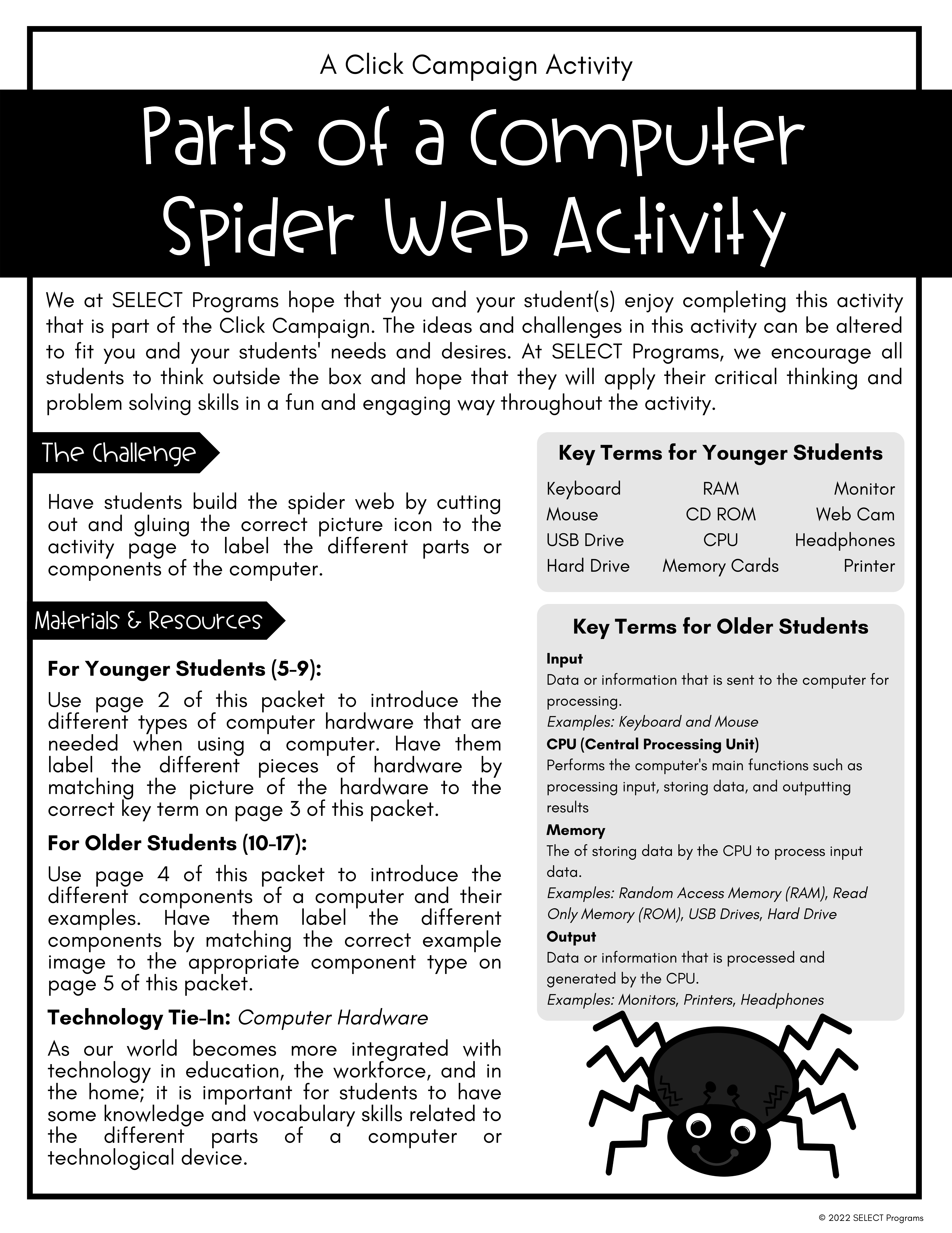 Parts of a Computer Spider Web Activity - SELECT Programs, Inc.