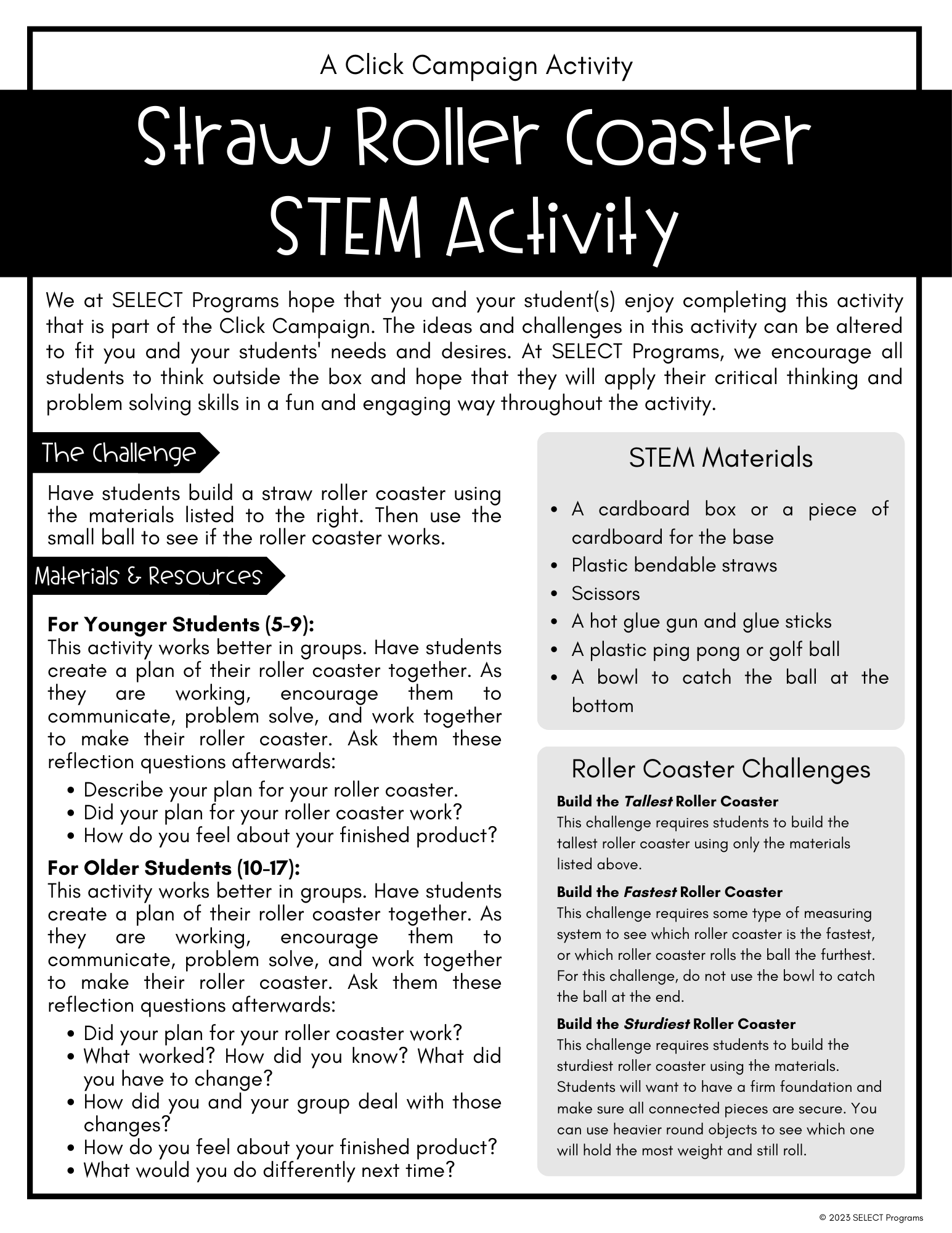 Straw Roller CoasterSTEM Activity - SELECT Programs, Inc.